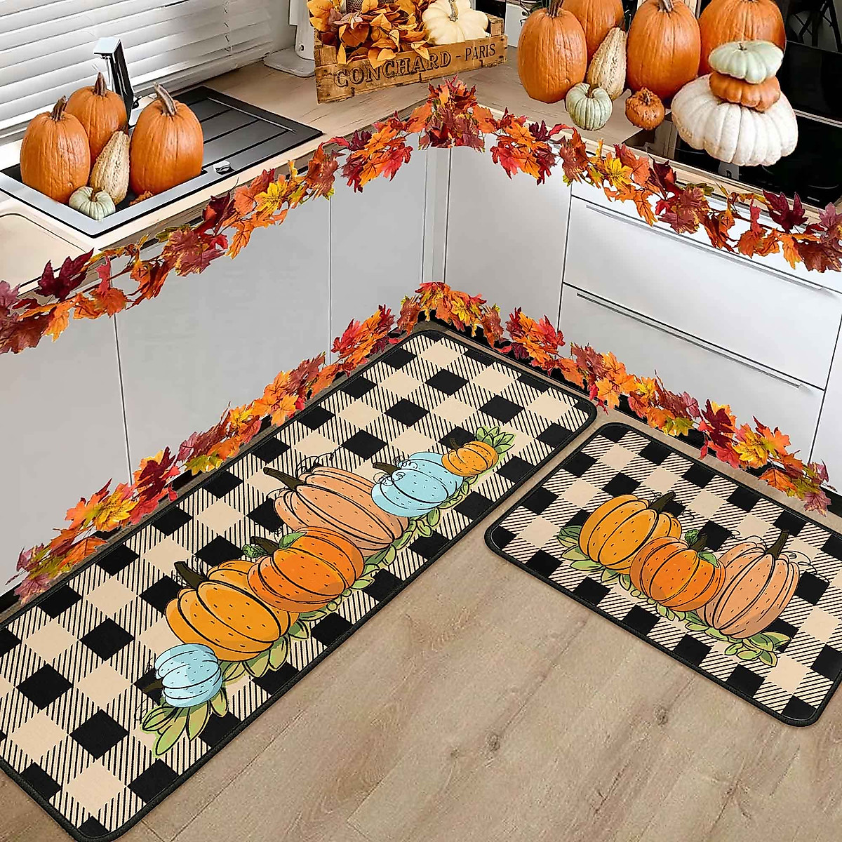 Buffalo Plaid Pumpkin Fall Decorative Kitchen Rugs Set of 2,Non Skid Washable, Home Seasonal Fall Holiday Party Autumn Harvest Thanksgiving Kitchen Mat 17"x47"+17"x30"