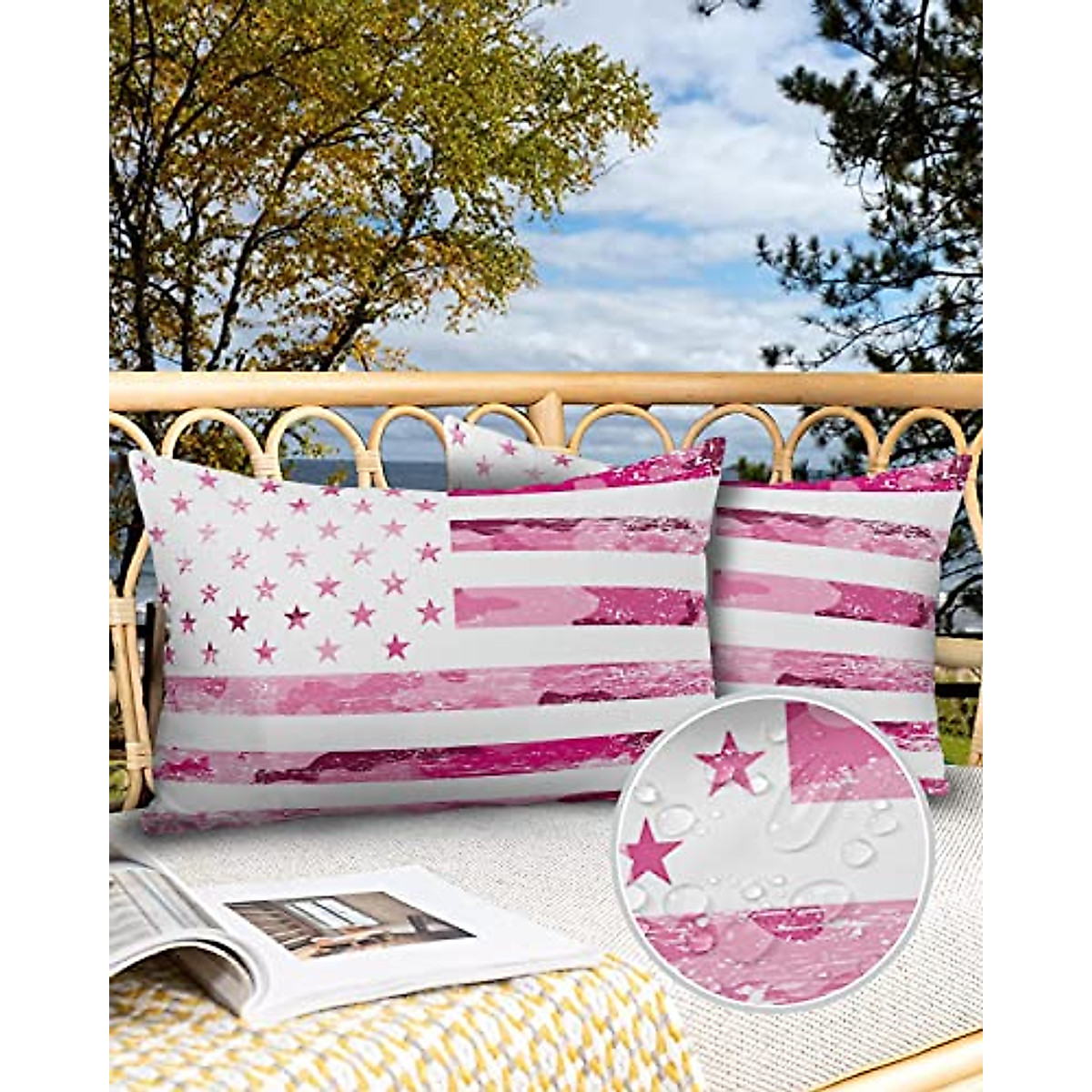 Funnywall88 Waterproof Throw Pillow Covers Set of 2 Independence Day Pink Camo American Flag Patriotic Couch Pillow Cases Outdoor Sofa Cushion Cover Home Decor for Bed Living Room, 20" x 12"