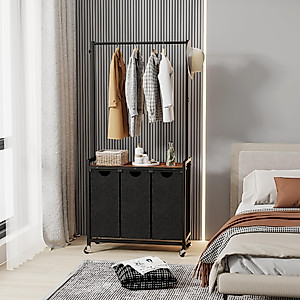 TRIFEBLE Laundry Sorter with Clothes Rack, Laundry Hamper 3 Section with Shelf, Laundry Basket with Rolling Lockable Wheels, Pull-Out and Removable Oxford Fabric Laundry Bags, Rustic Brown and Black