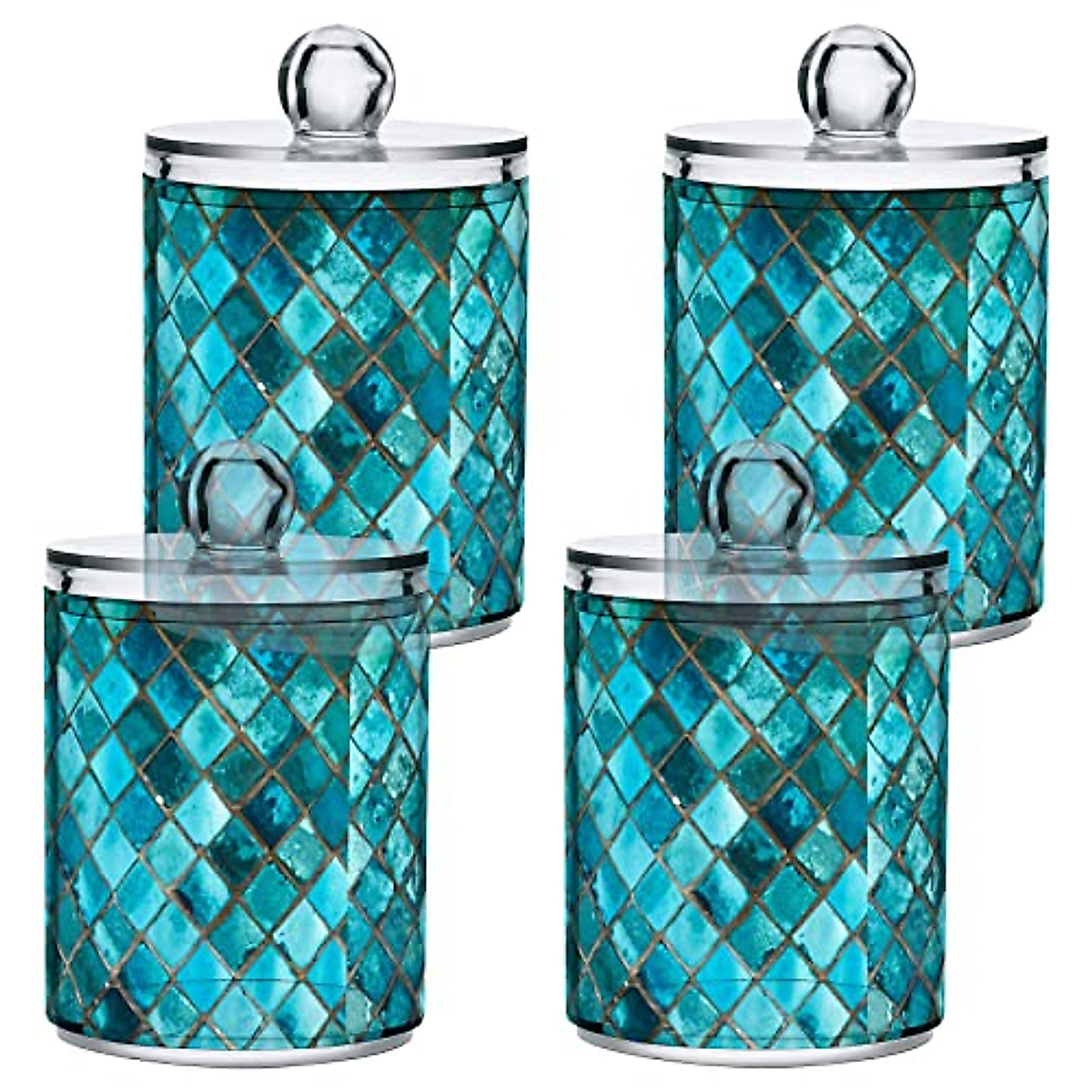 Kigai 2PCS Blue Glass Mosaic Qtip Holder Dispenser with Lids - 14 oz Bathroom Storage Organizer Set, Clear Apothecary Jars Food Storage Containers, for Tea, Coffee, Cotton Ball, Floss