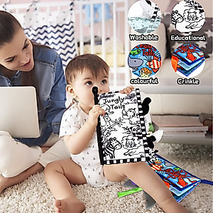 Magic4U 2PCS Jungle & Ocean Tails Crinkle Baby Books for 0-3 Years Old Newborn Toys, Black and White High Contrast Sensory Baby Toys Baby Soft Book for Early Education (Ocean + Jungle)