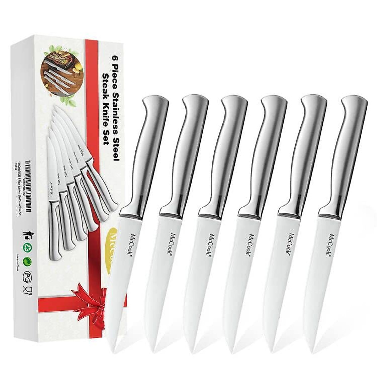 McCook Steak Knives, MC59 Steak Knives Set of 6 - Full Tang Serrated Steak Knives Stainless Steel Steak Knife Set Sharp Knife for Cutting Meat