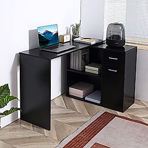 HOMCOM L Shaped Corner Computer Desk Workstation with Rotating Storage Shelves and Drawer for Home & Office, Black