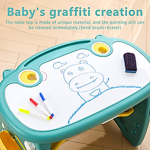 WHY TOYS Kids Table and Chair Set The Table Can Be Graffiti and The Height Can Be Raised and Lowered for Children Age 2-10 The Order Includes Watercolor Pen and Blackboard Eraser