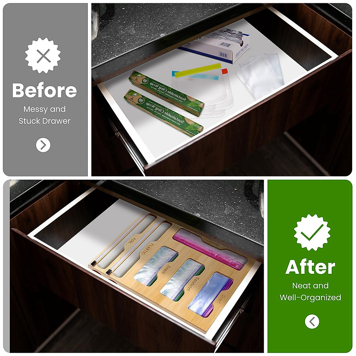 KOCASO 6 in 1 Foil and Plastic Ziplock Bag Organizer for Kitchen Drawer，Kitchen Countertop Organizer and Drawer Organizer for Gallon Quart Sandwich Snack