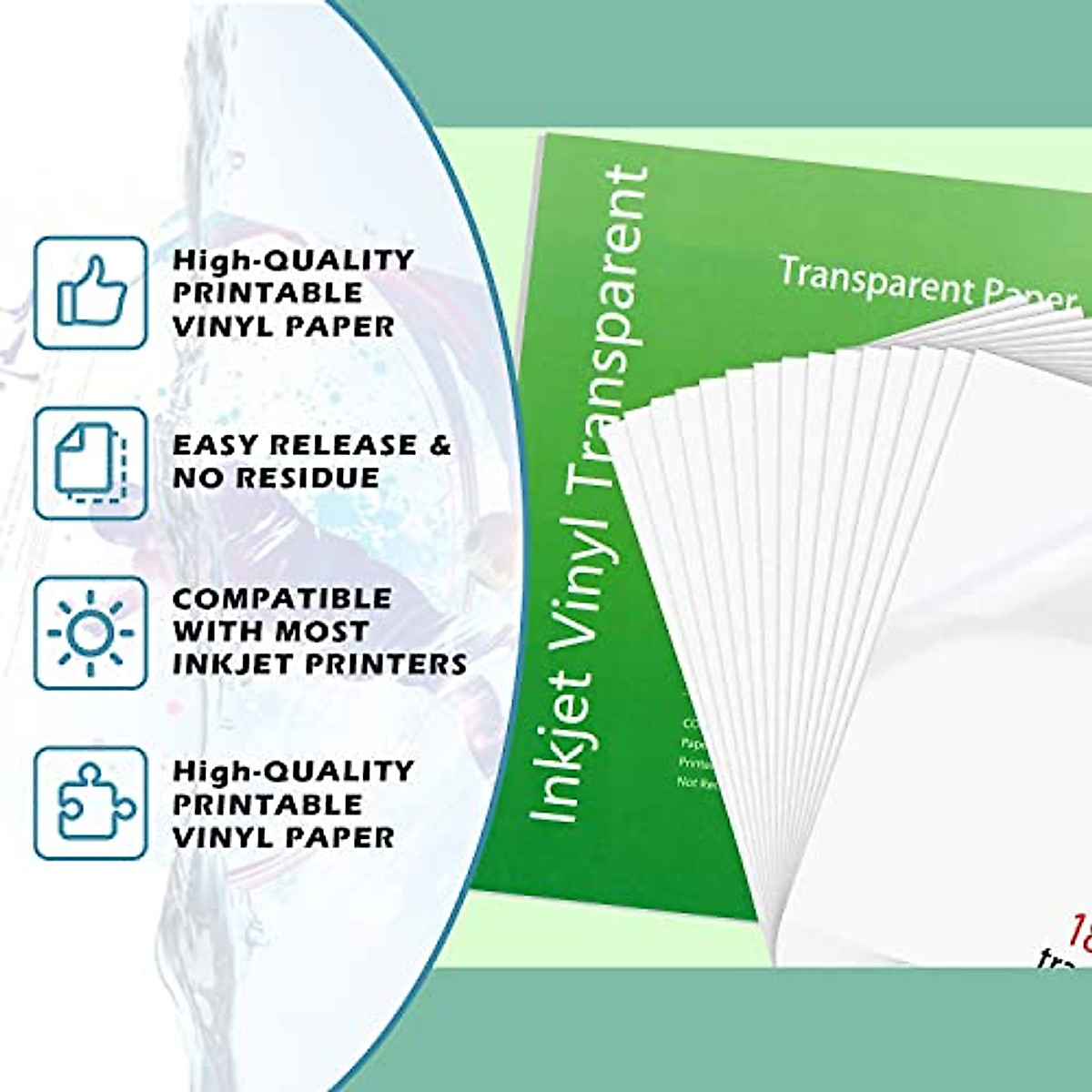 18Pack Clear Sticker Paper for Inkjet Printer, Printable Vinyl Transparent Sticker Paper Thick Waterproof Self Adhesive Sheets Decal Paper for Crafts Label DIY Project Standard Letter Size 8.5"x11"