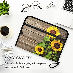 VIGTRO Summer Sunflowers Wooden 13 Pocket Expanding File Folder Waterproof with Sticky Labels, Summer Flowers Letter A4 Paper Accordion Document Organizer with Zipper for Office and Classroom