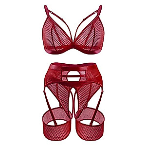 popiv 4 Piece Garter Lingerie for Women, Sexy Cutout Lingerie, Mesh Matching Lingerie Set Burgundy