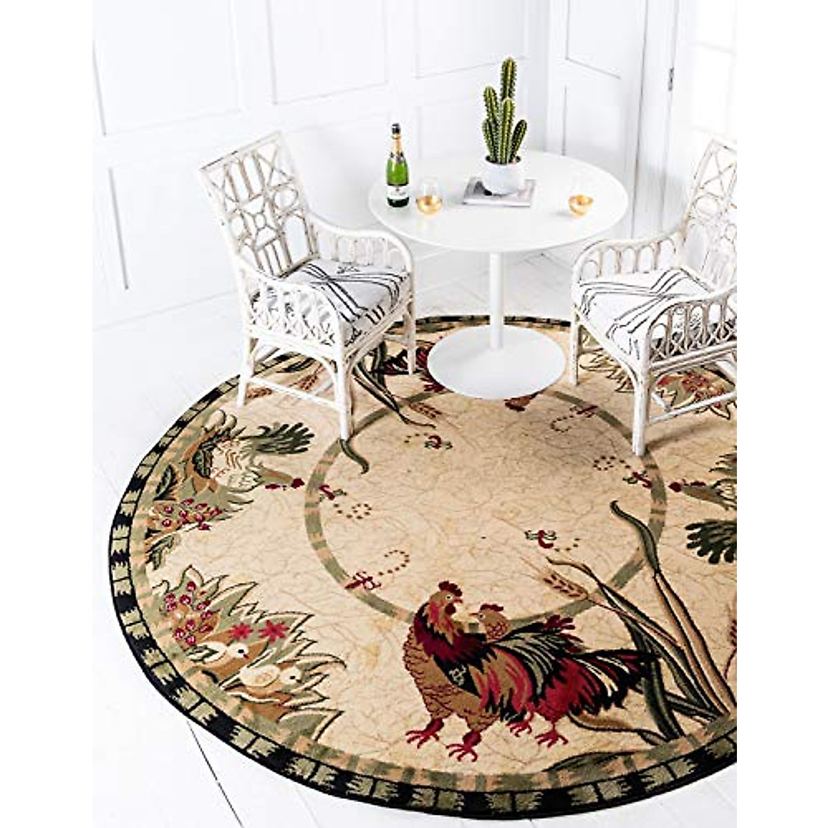 Unique Loom Barnyard Collection French Country Inspired Cottage Rooster Design Area Rug (4' 0 x 4' 0 Round, Ivory/Olive)