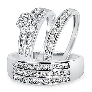 jsjewels 1 1/2 CT. T.W. Diamond Engagement Ring Wedding Trio Set in Solid 14K White Gold Over