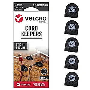 VELCRO Brand Cord Keepers | Soft Nylon Cable Clips Organize Wires in Home, Office, Desk or Nightstand | Removable Adhesive Back Holds Secure, Removes Clean | 10pk, Black