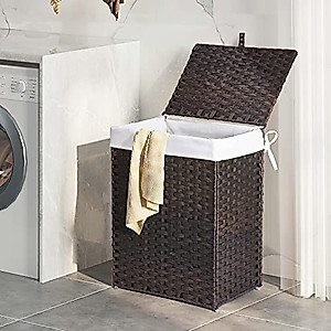 GREENSTELL Laundry Hamper with Lid, 90L Clothes Hamper with 2 Removable Liner Bags & 2 Mesh Laundry Bags, Handwoven Synthetic Rattan Laundry Basket for Clothes, Toys in Bathroom, Bedroom Brown