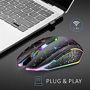 TENMOS V7 Wireless Gaming Mouse, Rechargeable LED Wireless Mouse Silent Optical Rainbow USB Computer Mice for Laptop PC (Black)