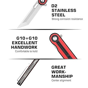 XTOUC Folding Pocket Knife, Tanto D2 Blade, G10 Handle, EDC Knife with Ceramic Ball Bearing, Deep Carry Pocket Clip, Flipper Opening, Knives for Men and Women Camping Hiking (Red)