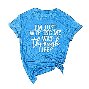 JDHUFEI Women's Crewneck Shirts Summer Plus Size Crewneck Tops Cute Letter Print Short Sleeve Blouse Casual Clothes