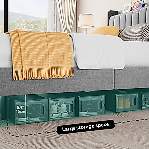 DWVO Floating Bed Frame Queen Size, LED Bed Frame with Charging Station & Hidden Legs, Upholstered Platform Bed with Bookcase Headboard, Robust Steel Structure & Easy Assembly, Grey