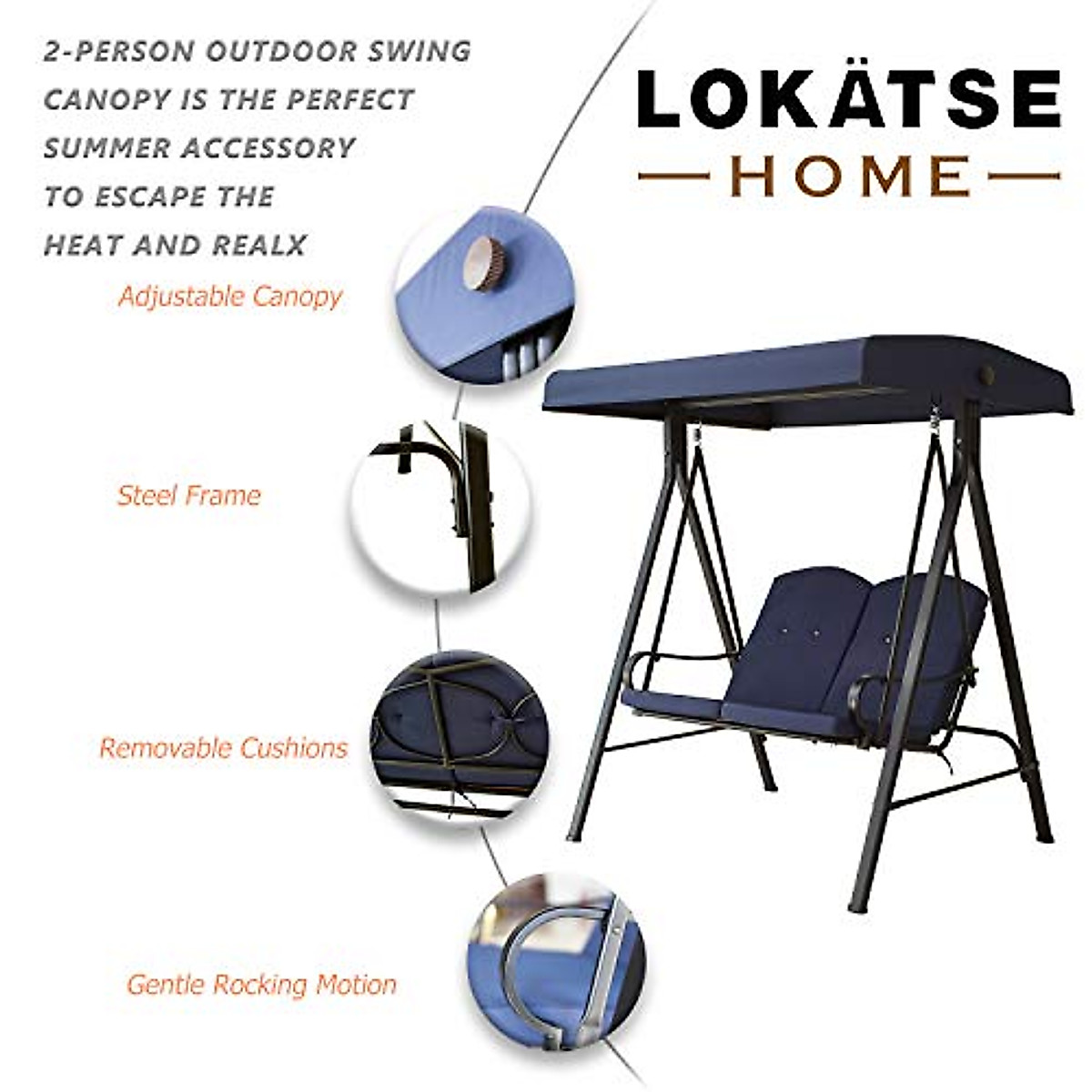 LOKATSE HOME 2-Person Canopy Outdoor Swing Chair Patio Hammock Seat with Cushions and Teapoys Loveseat Bench Bed Furniture, Blue