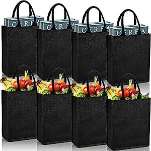 DEAYOU 8 Pack Jute Burlap Tote Bag, Burlap Gift Bag with Handle, Jute Beach Tote Laminated Interior, Reusable Lined Grocery Shopping Bag for Bridesmaid, DIY, Wedding,9.8''x11.8''x3.9'', Black