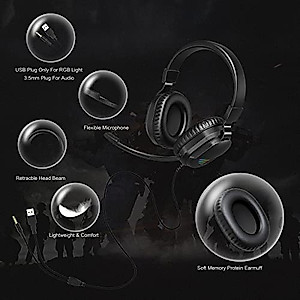 ELCTHUNDER Gaming Headset for Xbox One, PS5, PS4, PC Kids Headphones for School Over-Ear Wired Headphones with Microphone Gaming Headphones with RGB Light