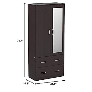 Hodedah Two Door Wardrobe with Two Drawers and Hanging Rod plus Mirror, Chocolate