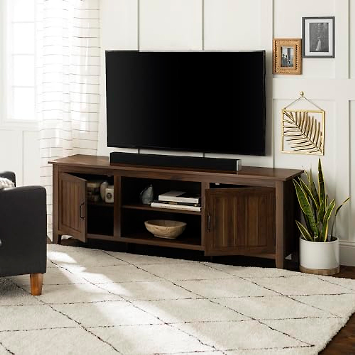 Walker Edison Ashbury Coastal Style Grooved Door TV Stand for TVs up to 80 Inches, 70 Inch, Dark Walnut