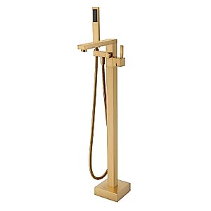 Wowkk Freestanding Bathtub Faucet Tub Filler Brushed Gold Floor Mount Bathroom Faucets Brass Single Handle with Hand Shower