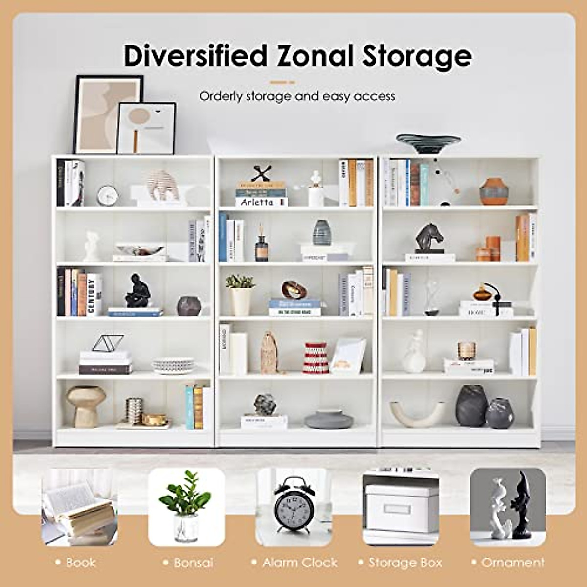 STARY 5 Shelf Bookcase White Tall Bookshelf for Bedroom 5 Tier Modern Wood Bookshelf 33" Wide 60" Tall