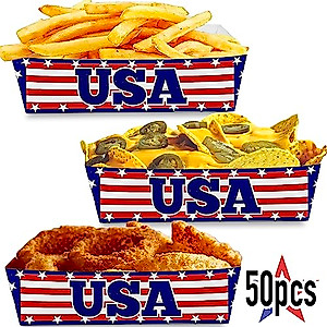 American Flag Paper Food Trays | (50 Pcs) Disposable USA Flag Concession Snack Trays | Patriotic Baskets for Nachos, Chips, Candy | Labor Day Party Decorations | Red, White and Blue Food Tray |BASHOUT