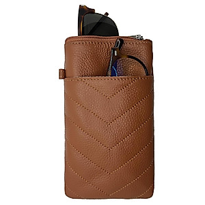 Double Eyeglasses Pouch with Zipper Closure,Soft Genuine Leather Sunglass Organizer Pouch,Portable Eyeglasses Case