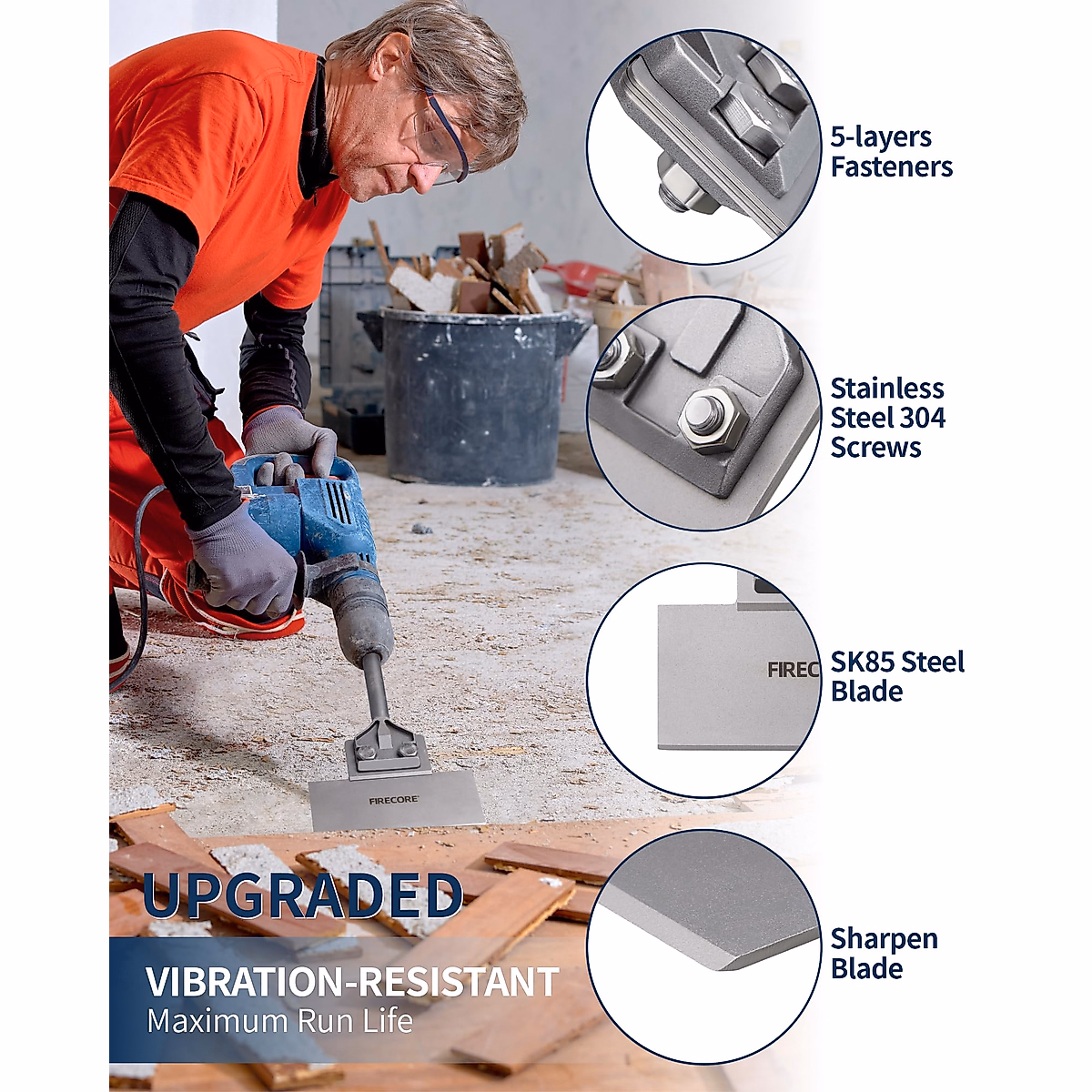 SDS Max Floor Scraper Heavy Duty, Firecore 6 Inch by 12 Inch Thinset Removal Chisel Bits for SDS Max Rotary Hammer Drill Tool, Adhesive Remover Bit for Vinyl Flooring VCT Tile Linoleum Concrete Mortar