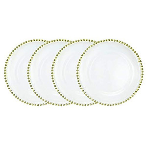USA Party Flower Elegant Clear Acrylic(Plastic) Charger Plate with Bead Rim, Set of 12 (12.5 inch) (Gold)