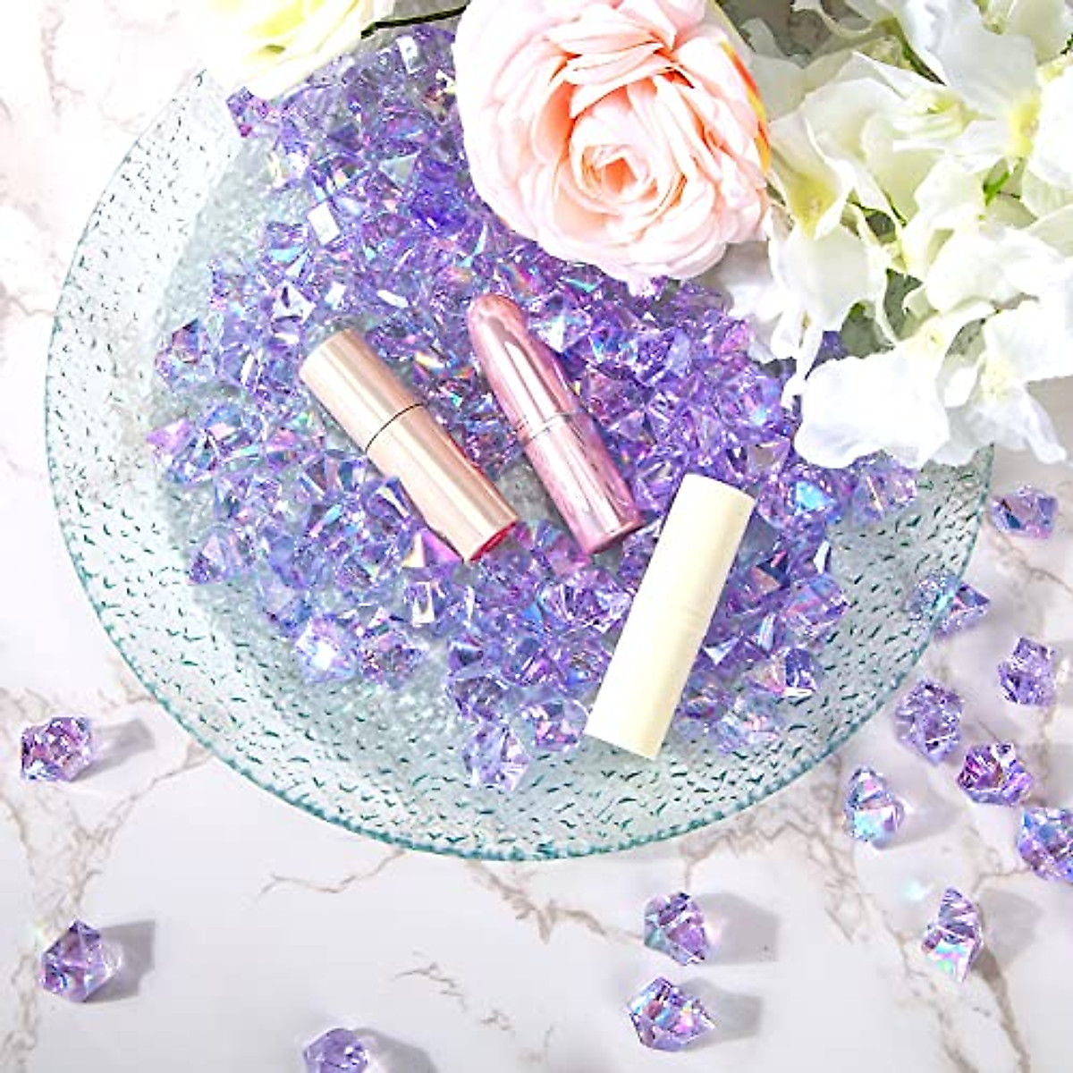 DomeStar Purple Fake Ice Rocks, 150PCS Purple Holographic Acrylic Crushed ICES Sparkling Purple Fake Diamonds Holographic Plastic Purple Gems Marble Vases Fillers Table Scatter Decoration