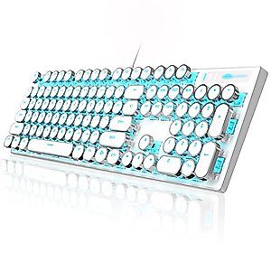Camiysn Typewriter Style Mechanical Gaming Keyboard, White Retro Punk Gaming Keyboard with Blue Backlit, 104 Keys Blue Switch Wired Cute Keyboard, Round Keycaps for Windows/Mac/PC