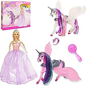 Yellow River Color Changing Unicorn & Princess Doll, Color Change on Whole Unicorn Under Sunshine, 12'' Doll and 11'' Unicorn Toys & Gifts with Removable Saddle & Wings for Girls