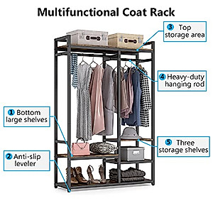 Tribesigns Free-Standing Closet Organizer, Large Double Rod Clothes Garment Rack with Shelves and Tie Rack, Heavy-duty Wardrobe Closet Storage Organizer Clothing Shelving for Bedroom (Rustic Brown)