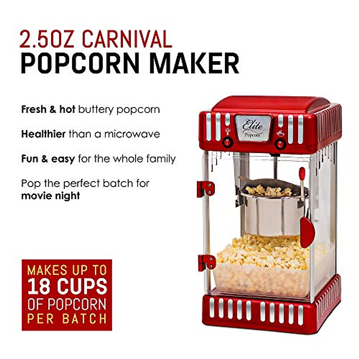 Elite Gourmet EPM-250# Electric Tabletop Popcorn Kettle Maker, Retro Carnival, Warming Light (2.5Oz, Red)