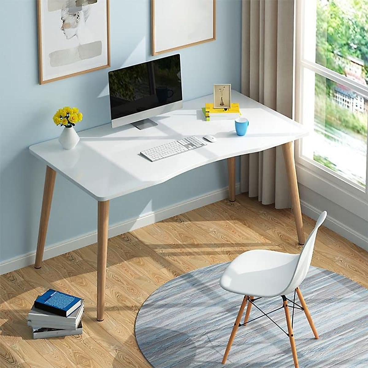 CraftThink Contemporary Office Study Desk, Contemporary Computer Desk Writing Desk PC Desk Work Desk with Wooden Legs, White No Drawer 23.5" L x 16" W x 29" H Without Chairs
