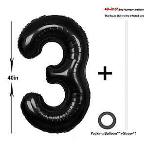 40 Inch Black Number 3 Balloon Extra Big Size Jumbo Mylar Foil Helium Balloons 3 for Birthday Party Celebration Decorations Graduations 3rd Anniversary Baby Shower Supplies Engagement