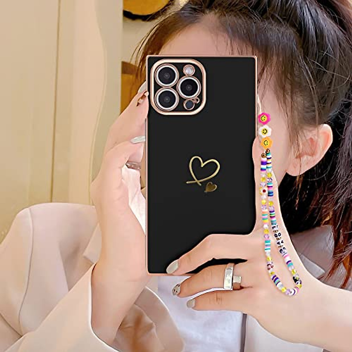 Newseego Square iPhone 12 Pro Max Case Women Girls Luxury Cute Plating Gold Love Heart Pattern Phone Case Soft TPU Full Camera Lens Protection Cover for iPhone 12 Pro Max with Cute Chain-Black