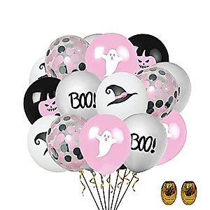MANGUO Halloween Balloons Decoration Pink White Black 12 Inch Latex Balloon with Cute Ghost/Pumpkin/Wizard Hat Balloons for Halloween Theme Party Balloons Decorations Supplies (Multicolor)