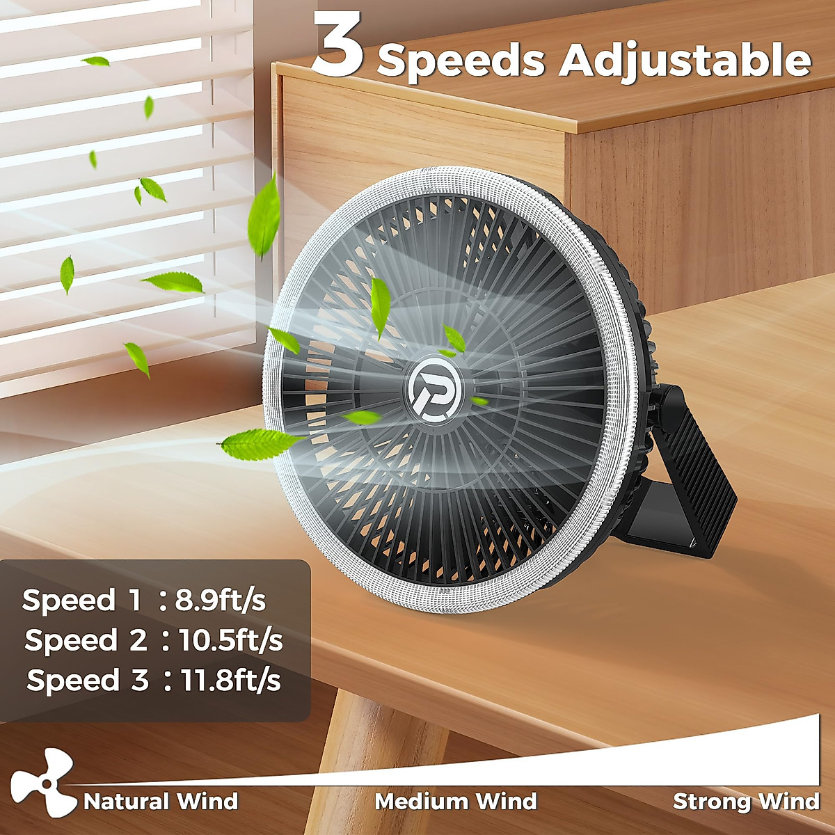Camping Fan with Light, 10000mAh Rechargeable Battery Powered, Portable Fan for Tent Travel Outdoor RV Hurricane Emergency