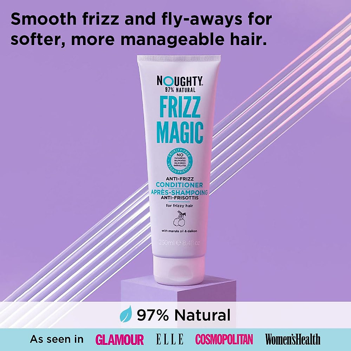 Noughty 97% Natural Frizz Magic Conditioner, Anti Frizz Cleanser for Frizzy and Curly Hair to Smooth and Shine with Marula Oil and Daikon, Sulphate Free Vegan Haircare 250ml
