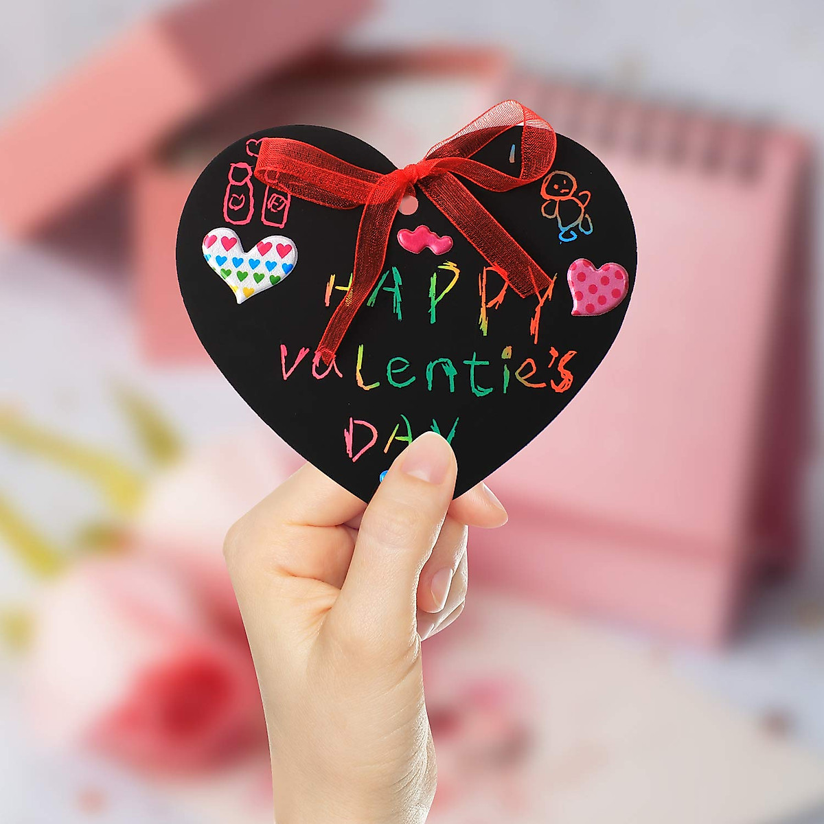 28 Pieces Valentine Crafts Scratch Paper Ornaments Heart Shape Rainbow Scratch Craft Art, with 28 Pieces Wooden Styluses,28 Pieces Ribbons, and 2 3D Puffy Stickers, for Valentine DIY Art Decorations