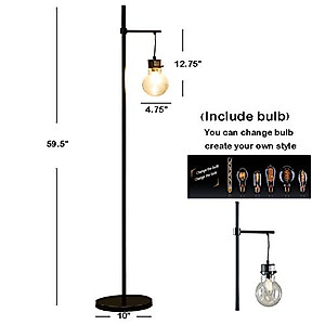 SKY FORTUNE Industrial Floor Lamp with Bulb,Metal Standing Lamp, E26 Socket, On/Off Footswitch, Modern Minimalist Floor Lamp for Bedroom, Living Room,Office,Black