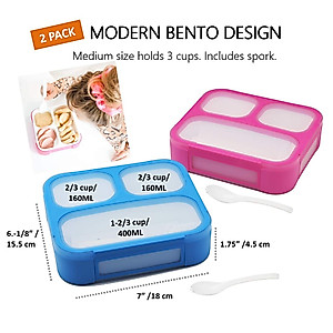 Bento Box for Kids, Toddler Lunch-Box for Small Boys Girls in School, Pre-School or Daycare, Leakproof 3 Compartment Containers for Portion Control Snacks for Adults, BPA Free. Medium Blue Pink 2 pack