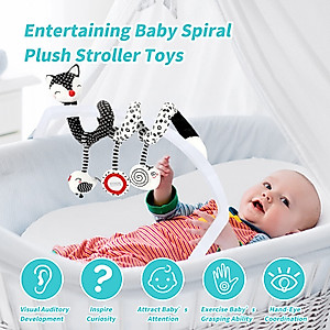 KKUYT Car Seat Toy for Baby, Infant Baby Spiral Plush Toys Stroller Toys Hanging Crib Activity Toy for Crib Bed Stroller Car Seat, Hanging Rattle Toy for 0-12 Months Newborn Baby-Black & White Fox