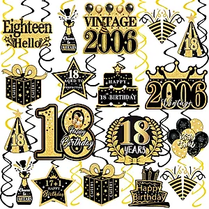 42PCS Black and Gold 18th Birthday Hanging Swirls Decorations for Boys Girls, Happy 18th Birthday Streamers Party Decorations, Vintage 2006 Eighteen Birthday Ceiling Decorations Hanging Whirls