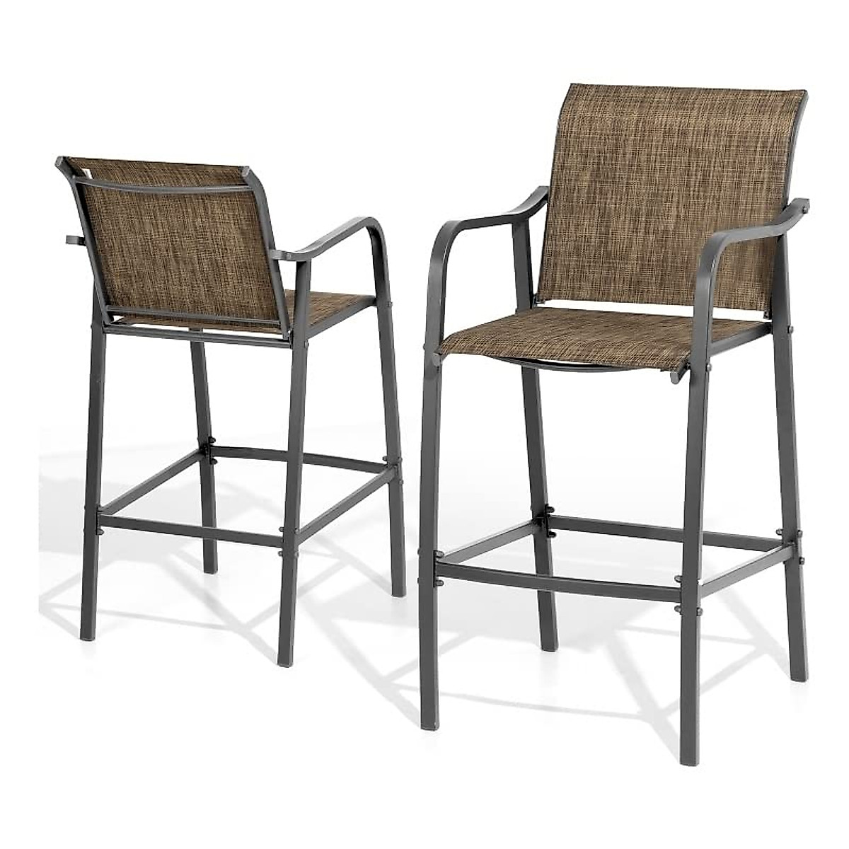 VredHom Outdoor Metal Bar Stools Patio Bar Stools Set of 2, Counter Height Chairs Steel Bar Chairs Lightweight Patio Furniture with Textilene, Armrest and Footrest,Brown