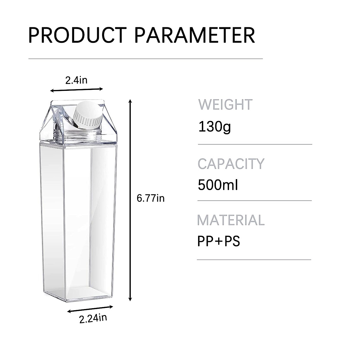 Vyooxcy 2 Pack Milk Carton Water Bottle, 17oz Clear Square Portable Bottle, Cute for Homemade Cold Drinks or Sports Travel Camping Activities in Summer