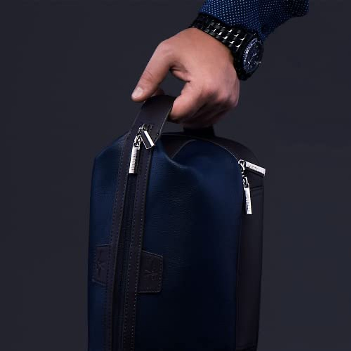 Vetell Leo Large Leather Men's Travel Toiletry and Shaving Case Bag with Upper and Lower Zippered Compartments, 3 Interior Loops and Carrying Handles